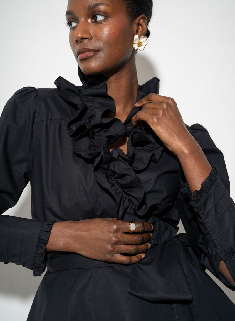 Vera Hourglass Fit Wrap Ruffle Front Blouse In Black Cotton Poplin ...