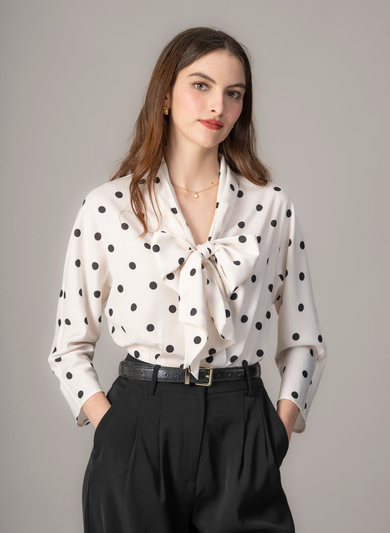 Celeste Tailored Fit Ivory Black Polka Dot Blouse With Bow In Satin celeste-tailored-fit-ivory-black-polka-dot-blouse-with-bow-in-satin