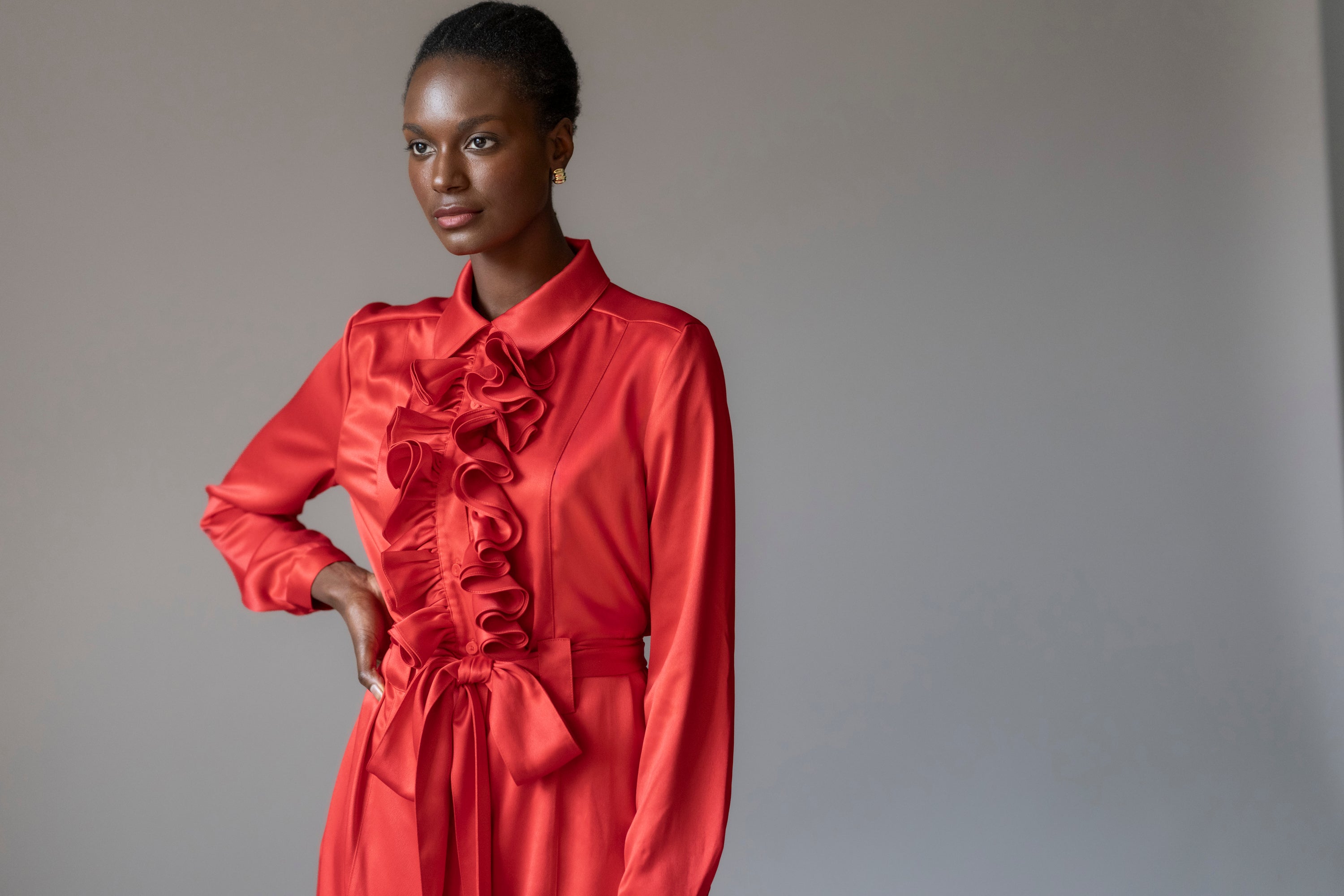 Maria Regular Fit Ruffle Front Midi Shirt Dress In Red Satin Crepe ...